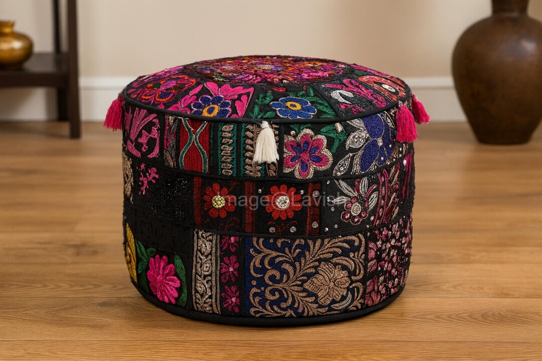 Traditional Indian Cotton Pouf Cover, Embroidered Ottoman, Boho Home ...