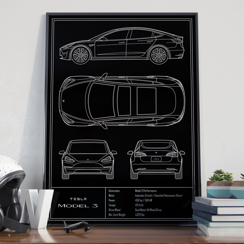 Tesla Model 3 Blueprint Poster - Etsy