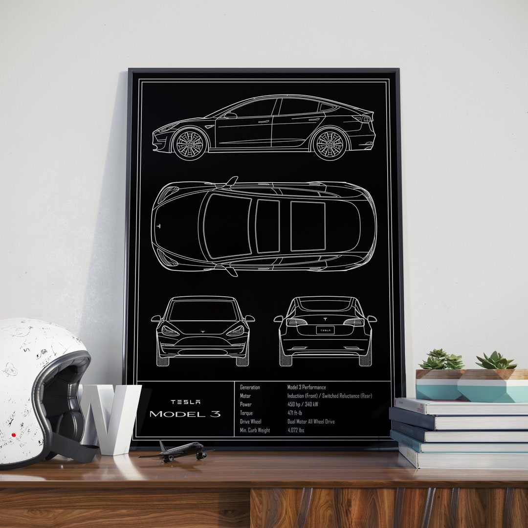 Tesla Model 3 Blueprint Poster - Etsy