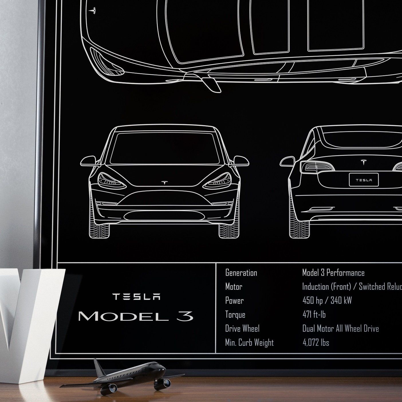 Tesla Model 3 Blueprint Poster - Etsy