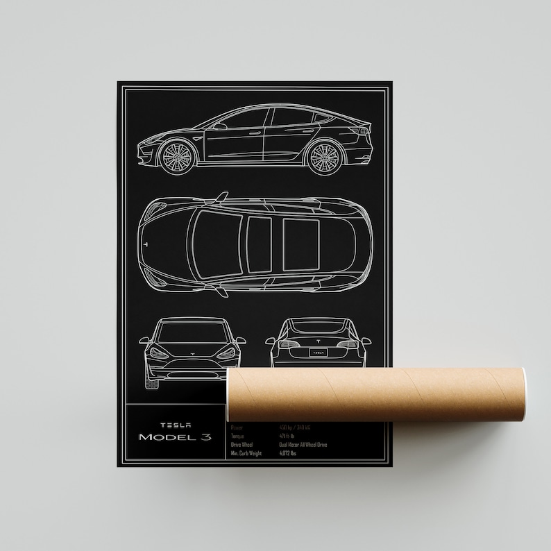 Tesla Model 3 Blueprint Poster - Etsy