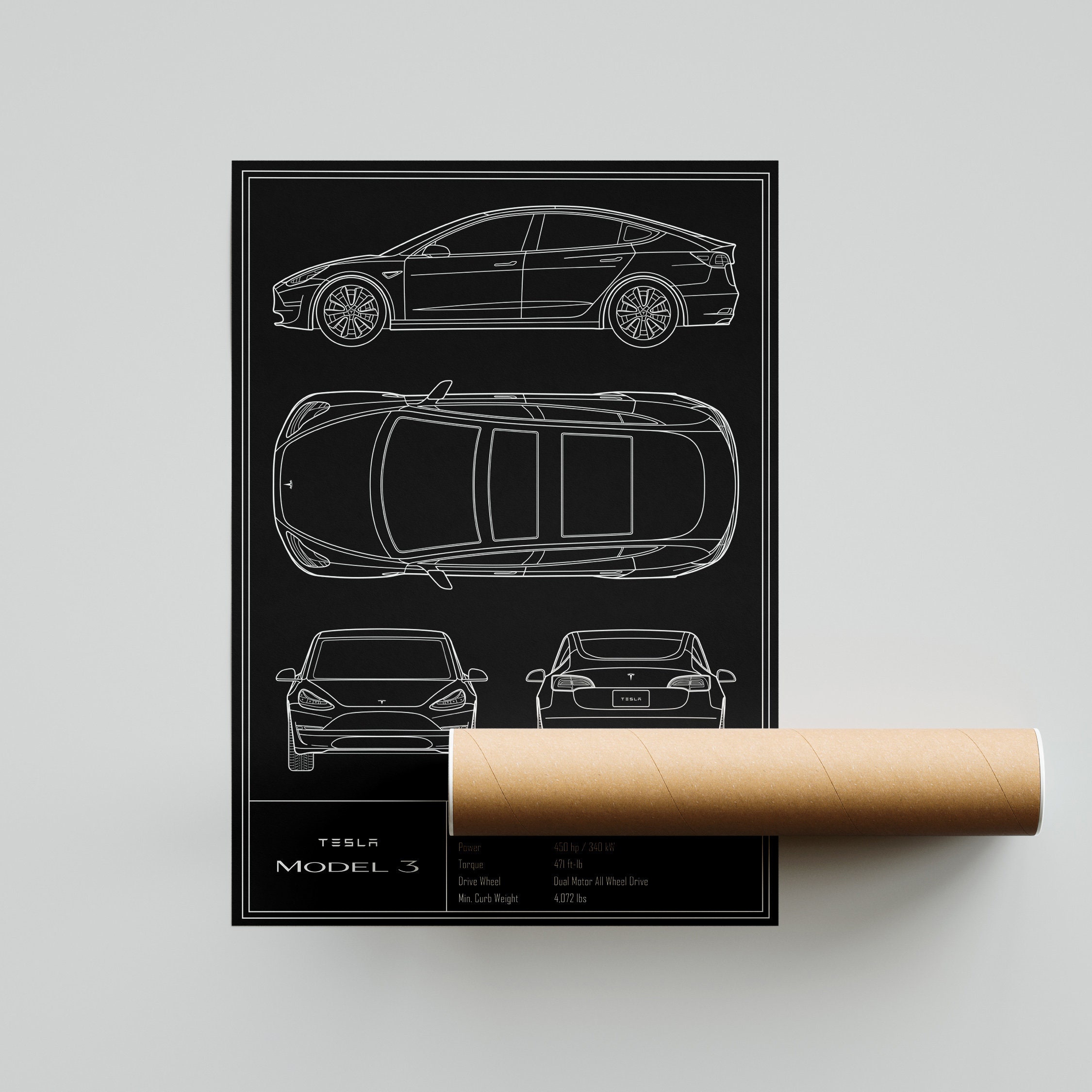 Tesla Model 3 Blueprint Poster - Etsy
