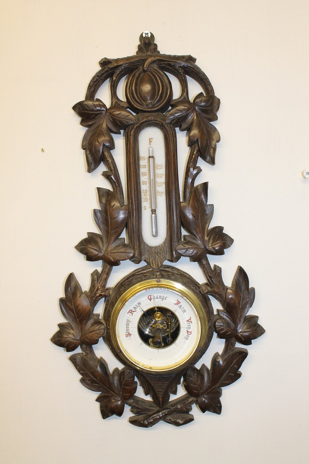 Antique Black Forest Oak Barometer, Thermometer, Carved Wood - Etsy