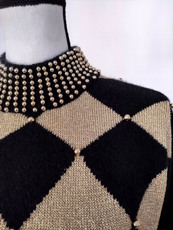 1980s Vintage Gold Metallic Beaded Angora Blend Argyl… - Gem