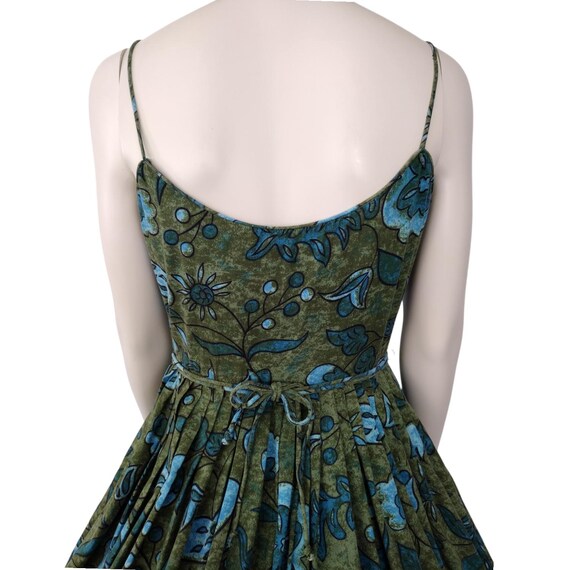 Vintage 1950s Green Blue Floral Print Sleeveless Fit … - Gem