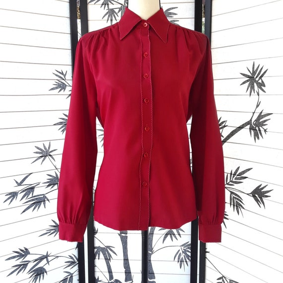 1970s Vintage Vibrant Red Western Style Button Down S… - Gem