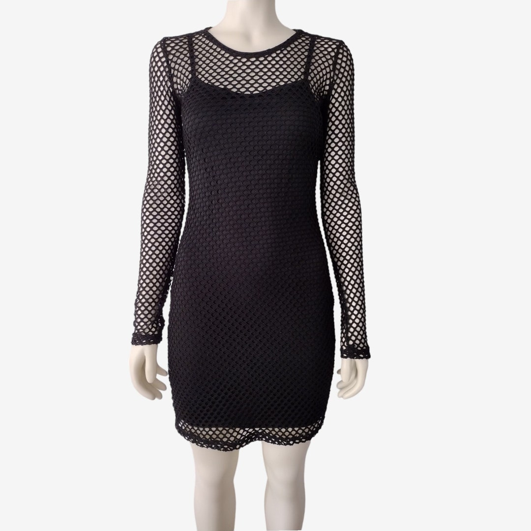 Vintage 1990s Black Fishnet Mesh Long Sleeved Fitted Bodycon Pullover ...