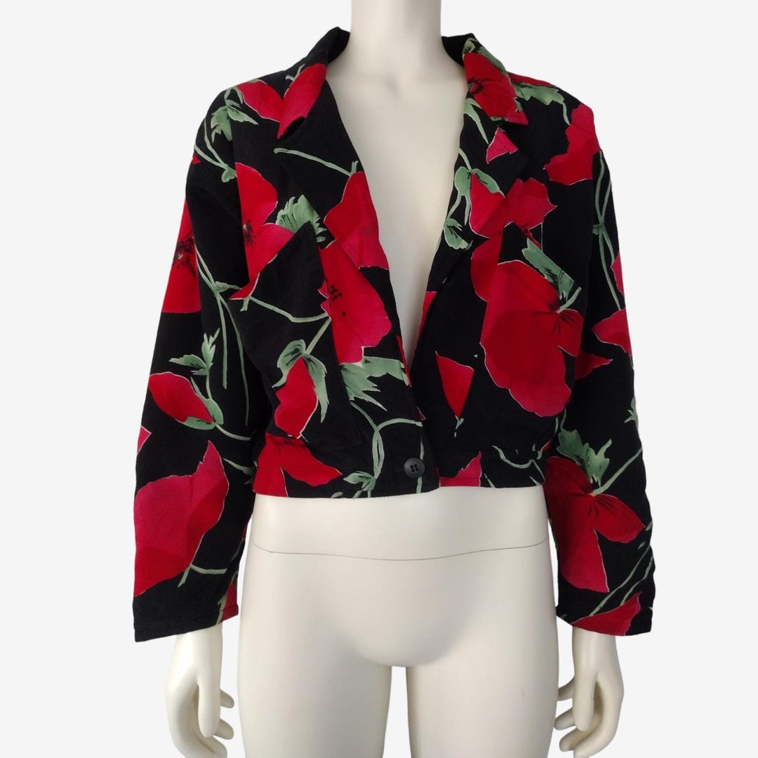 Vintage 1990s Black and Red Floral Bat Sleeved Cropped Oversized Jacket ...