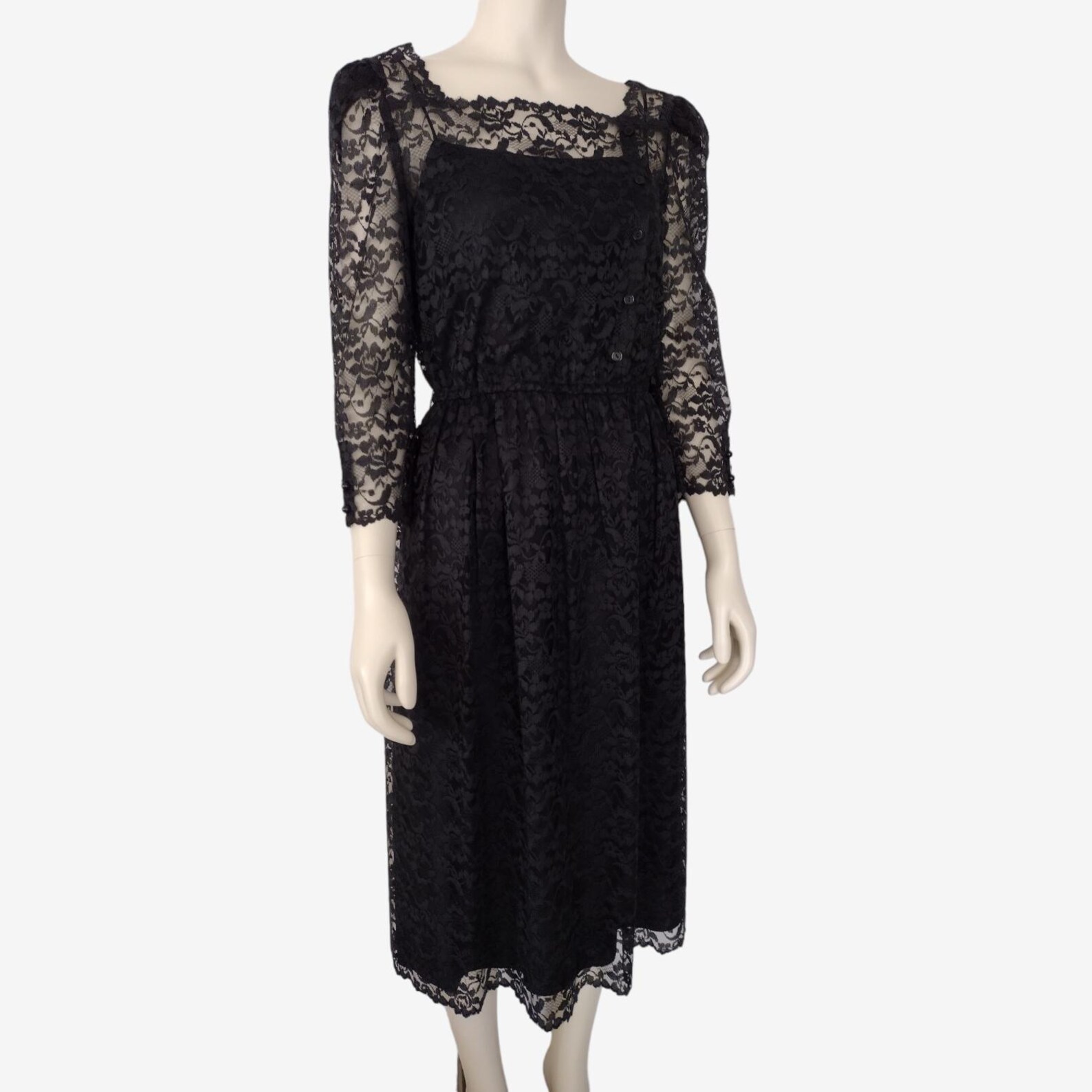 Vintage 1970s Black Floral Lace 3/4 Sleeve Midi Sheath Dress Size 2/4 ...