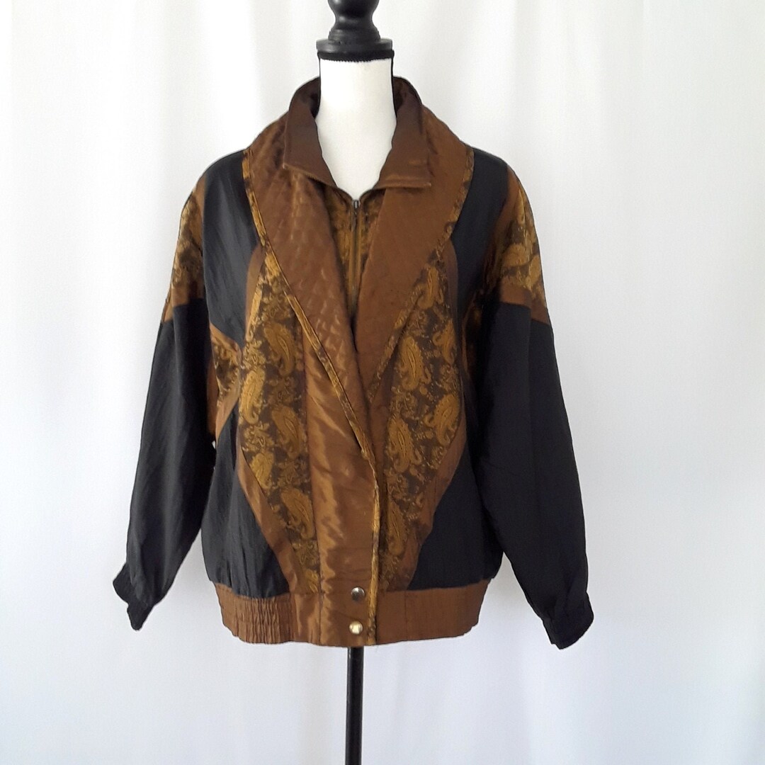 Vintage 1990s Lavon Black & Gold Copper Paisley Print Windbreaker ...