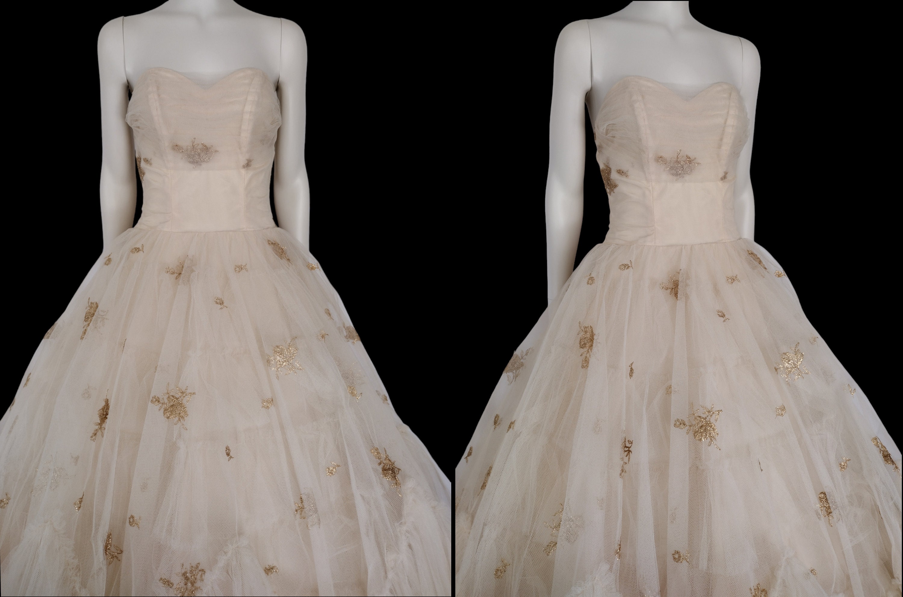 Vintage 1950s Light Tan Floral Embroidered Strapless Tulle Cupcake Prom ...