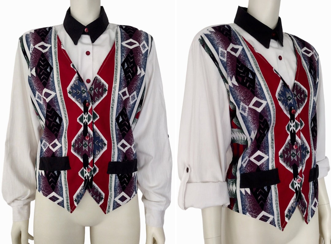 Vintage 1980s Tapestry Roll Tab Sleeve Button Down Faux Vest Shirt - Etsy