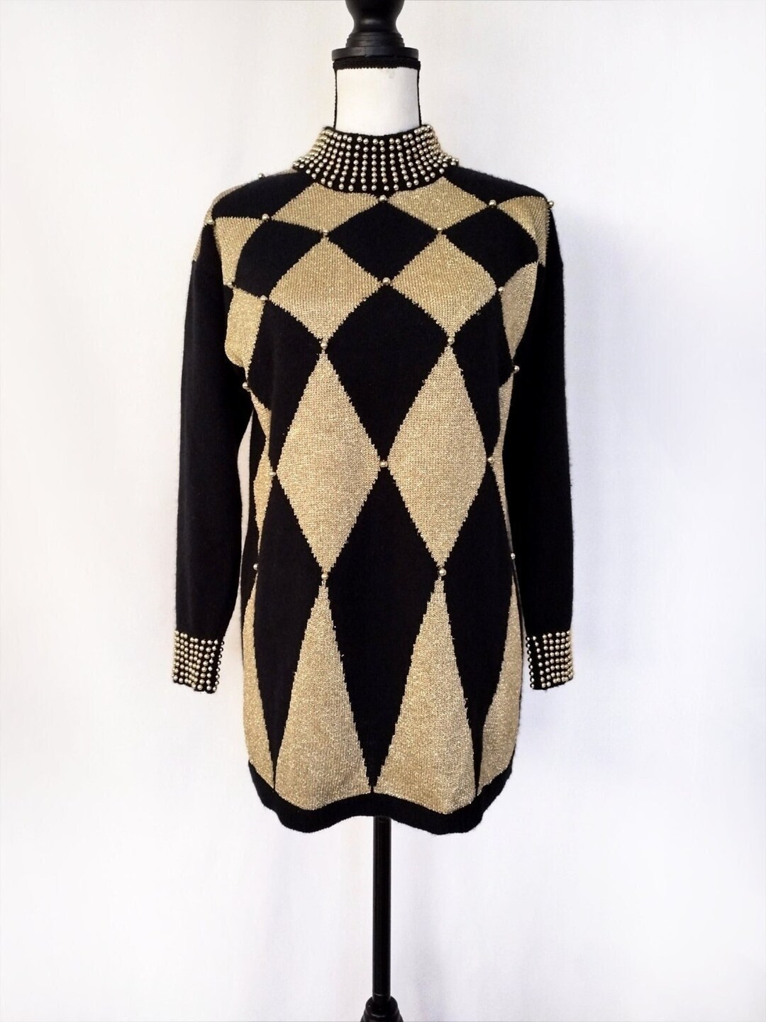 1980s Vintage Gold Metallic Beaded Angora Blend Argyle Sweater Dress - Etsy