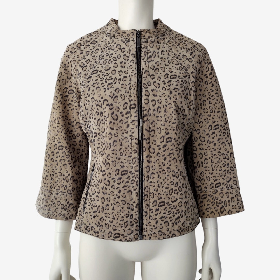 Vintage Y2K Tan Leather Suede Leopard Print 3/4 Bell Sleeve Zip up ...