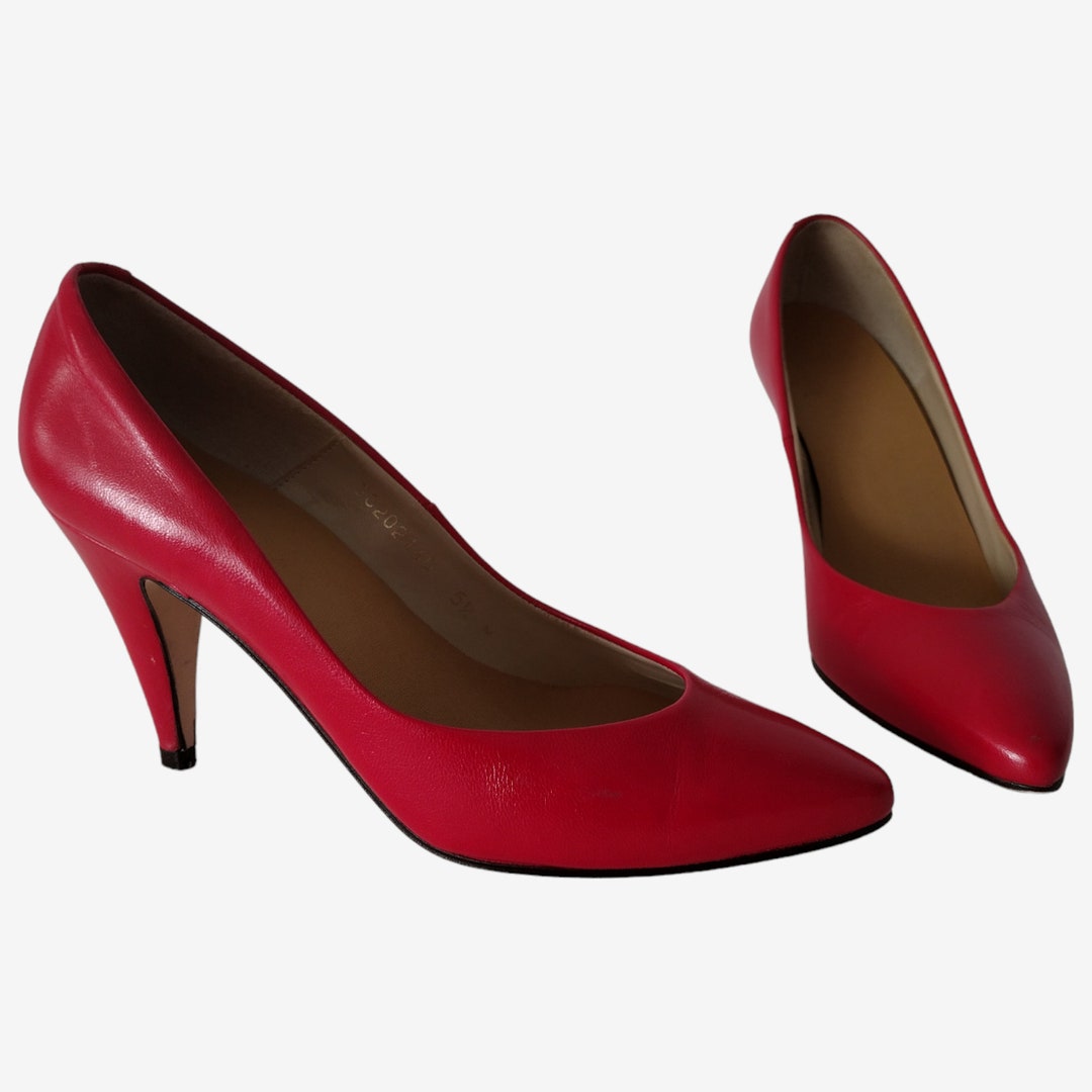 Vintage Red Leather Pointed Toe Short Cone Heel Pumps Size 5.5 M - Etsy