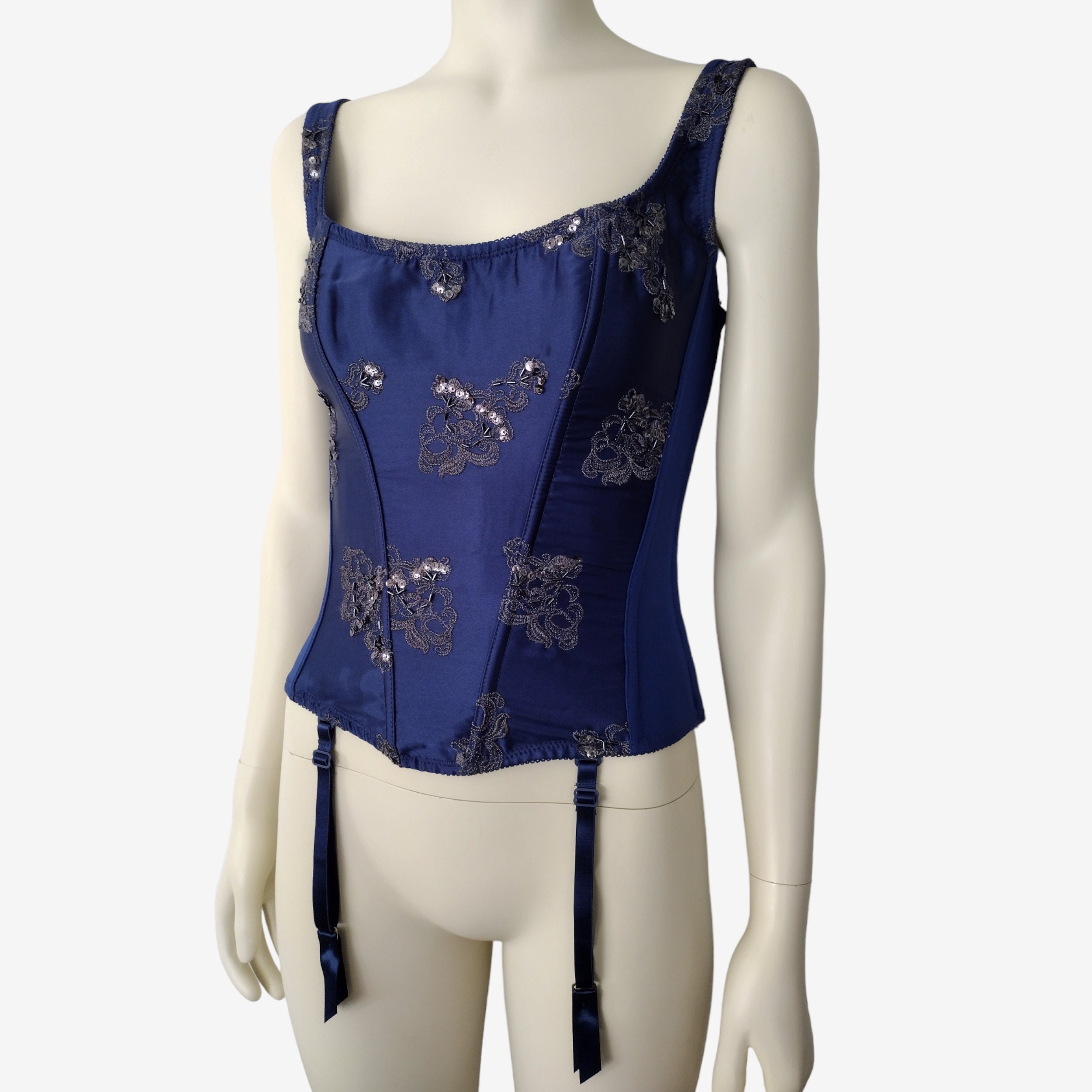 Vintage 1990s Fredericks of Hollywood Blue Satin Embroidered Lace up ...