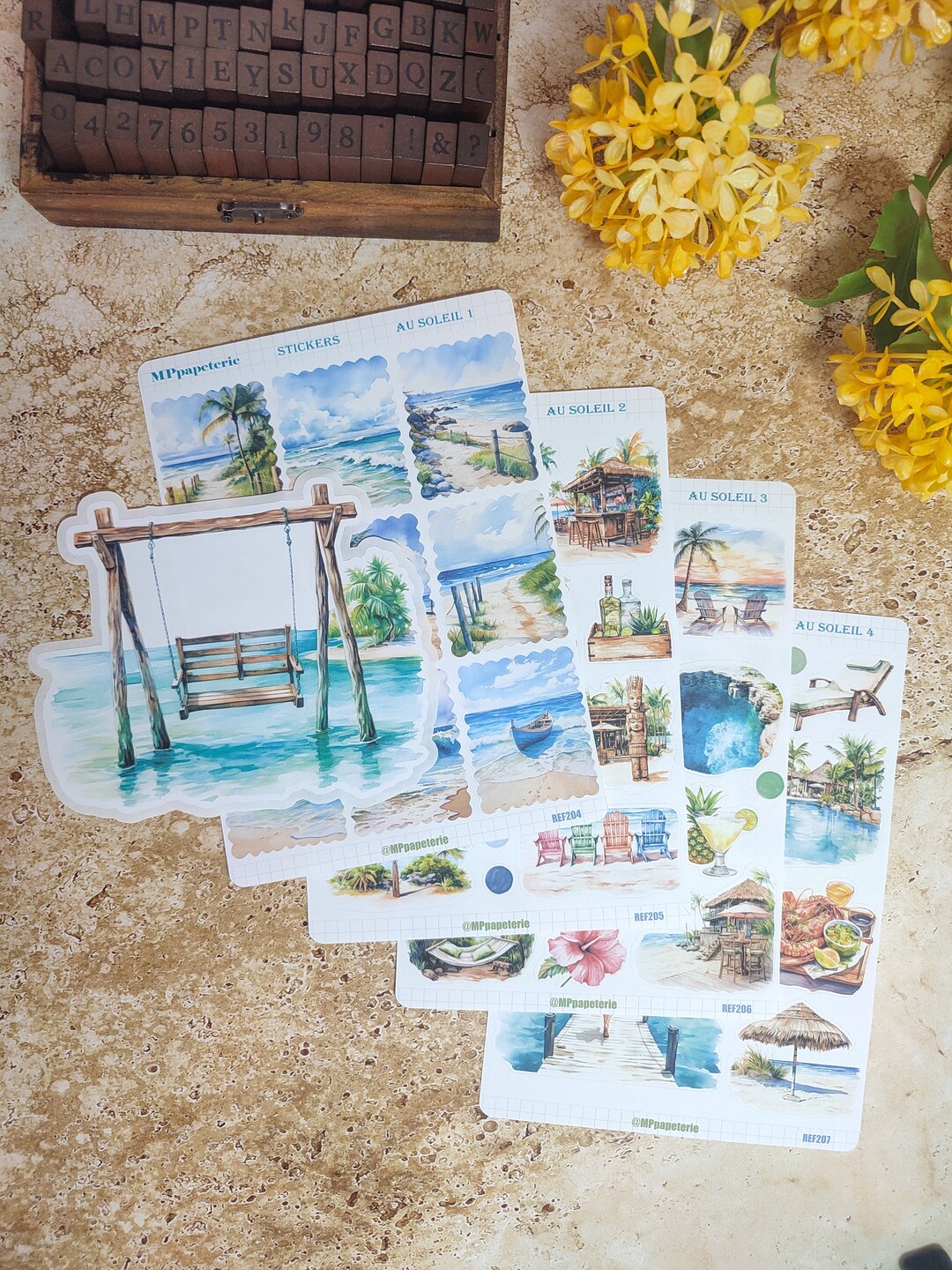 Set of up to 4 Sheets of Stickers 1 Large Summer Ocean Beach Sun Theme ...