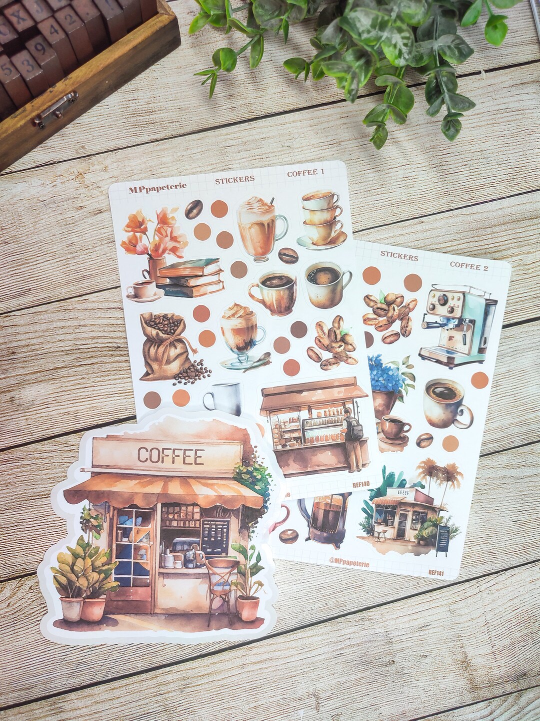 Set of up to 2 Sheets of Stickers and a Large Coffee Theme Sticker for ...
