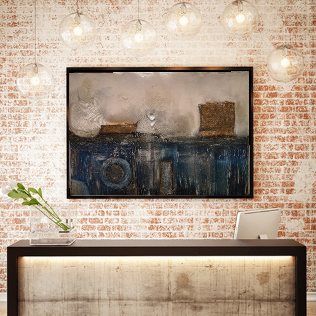 Structural Picture Abstract Blue Silver Gold, Acrylic Paintings With ...