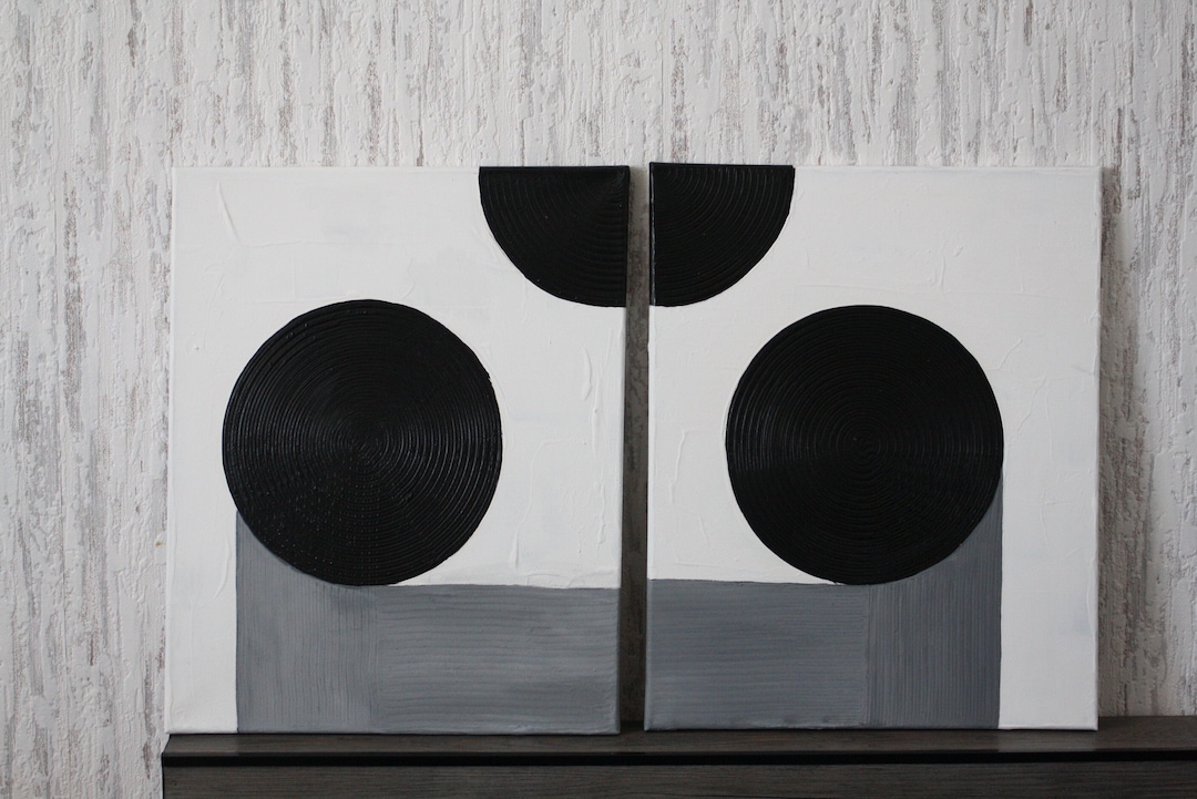Structural Paintings Abstract Pictures 2 Set Black, White, Gray ...
