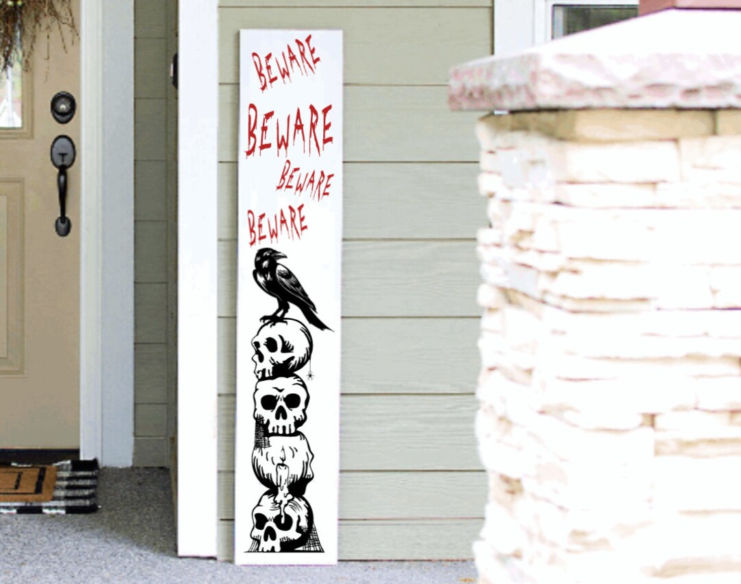Beware Halloween Porch Leaner: Skull & Raven Vertical Sign - Etsy