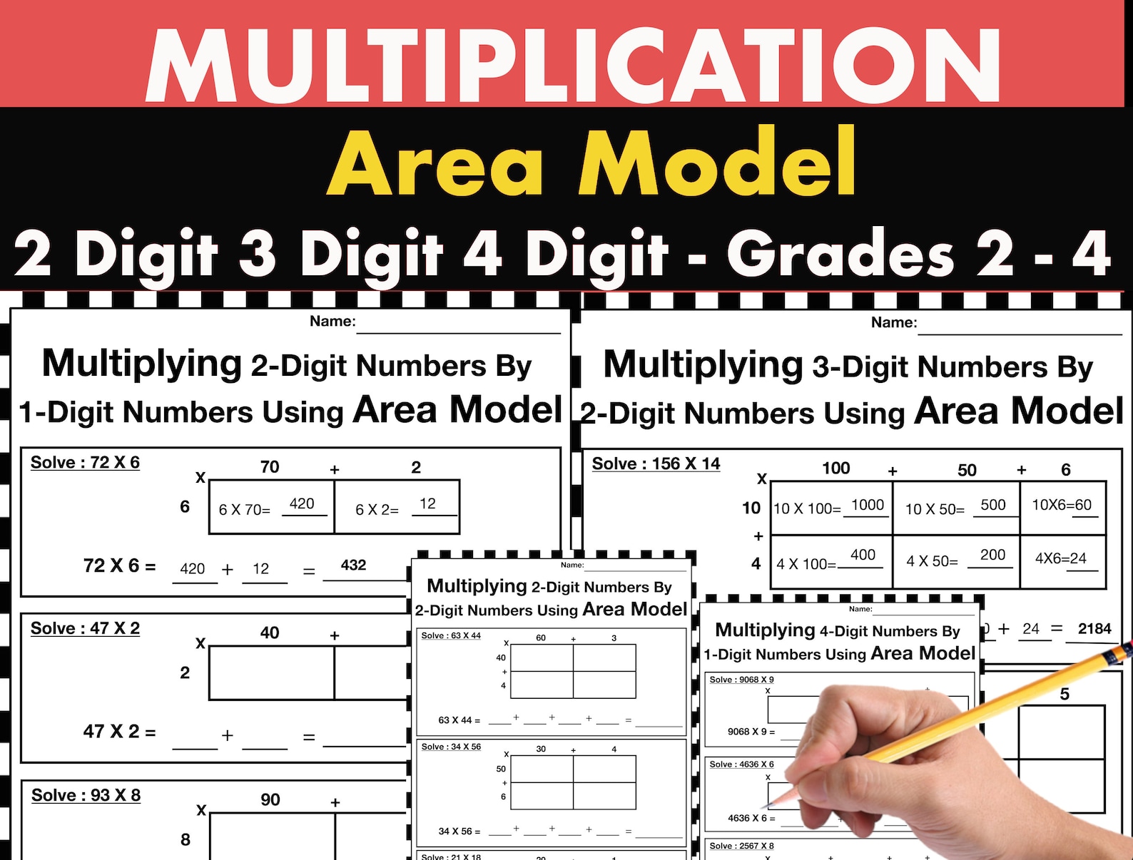 Multiplication Practice Worksheets Area Model Box Method 2nd 3rd 4th ...