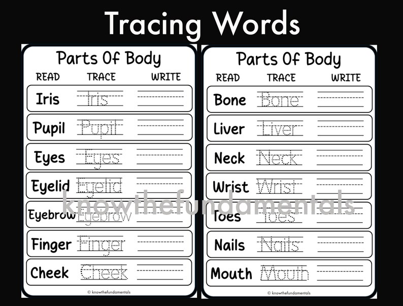 Tracing Worksheets Handwriting Practice Sheet First Body Parts Name ...