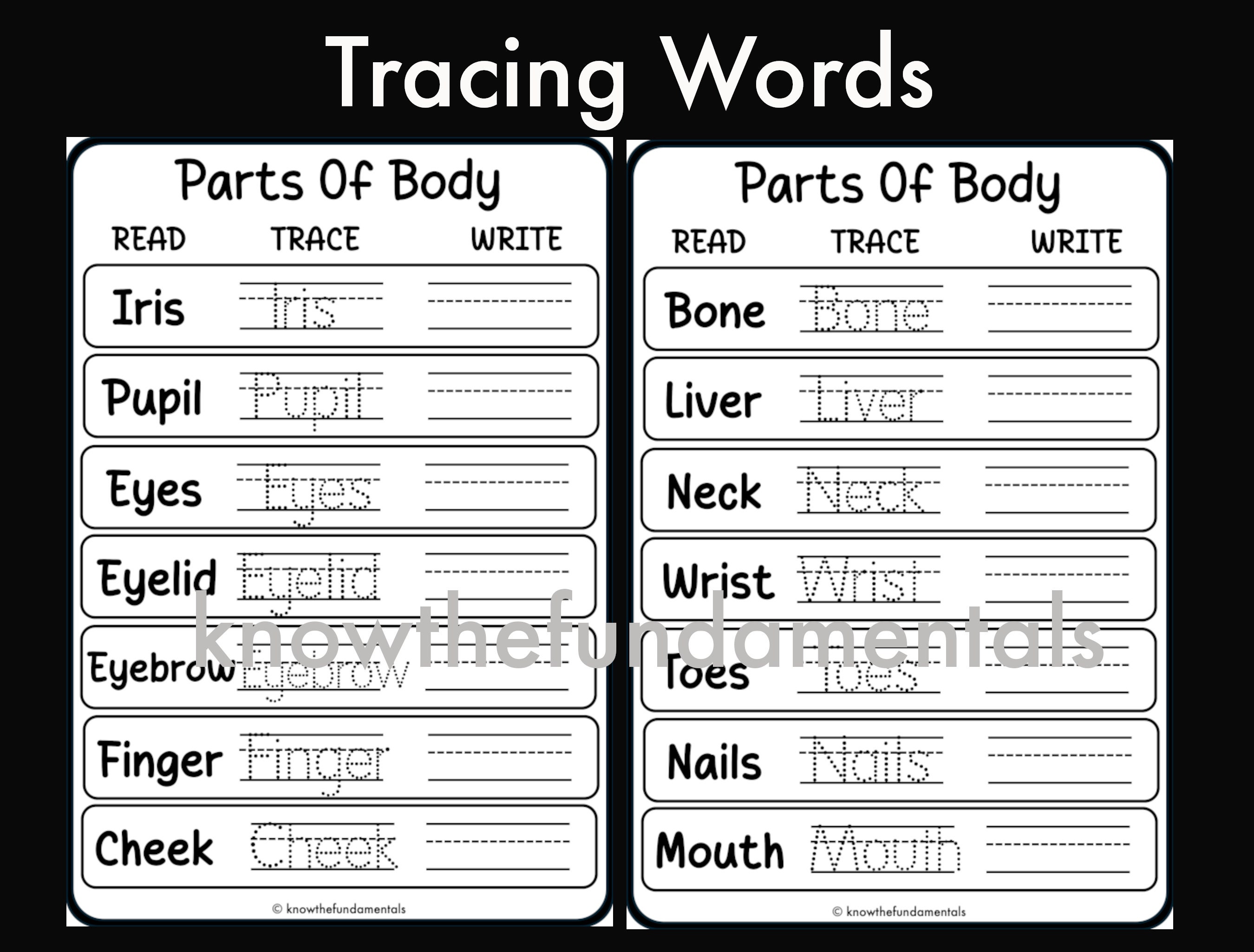 Tracing Worksheets Handwriting Practice Sheet First Body Parts Name ...