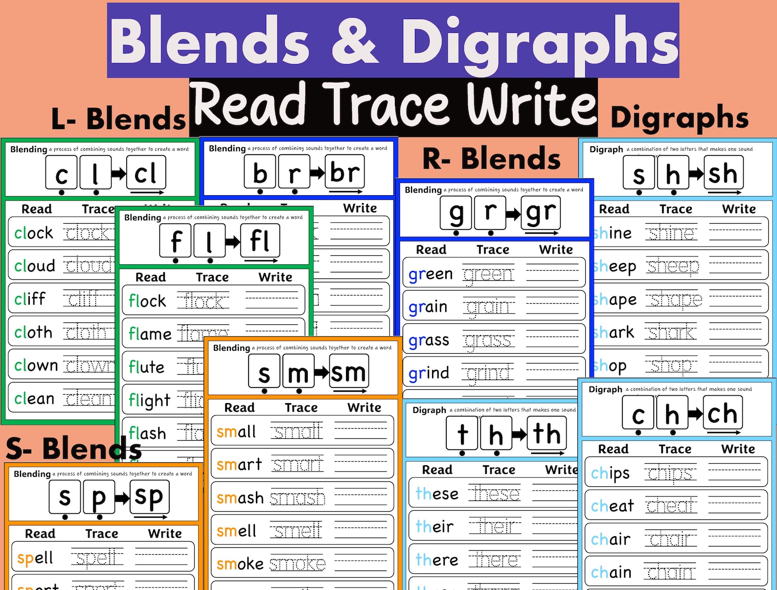 Blends and Digraphs Phonics Practice Worksheets Trace Classroom ...