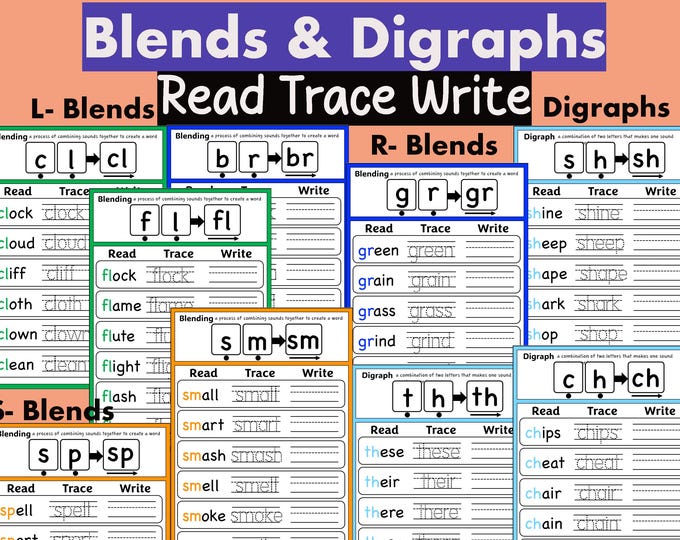 Blends and Digraphs Phonics Practice Worksheets Trace Classroom ...