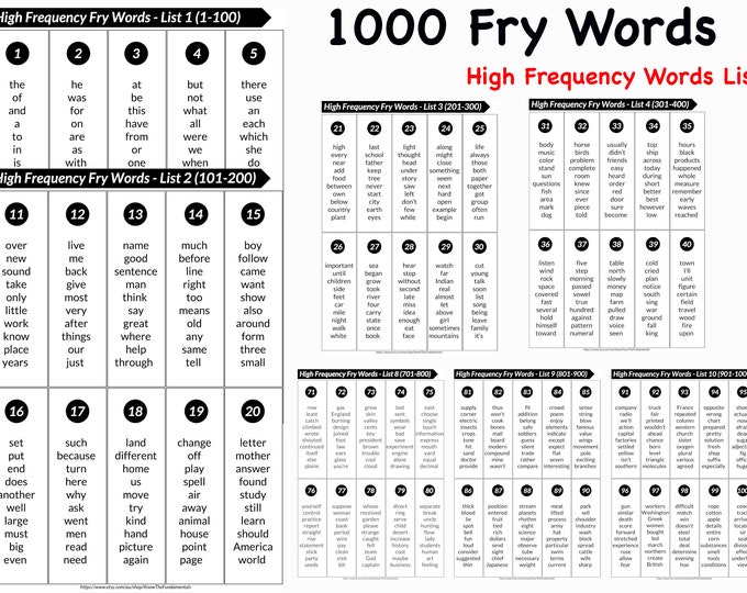 1000 Fry's High Frequency Sight Words Printable Worksheet , Fry Words ...