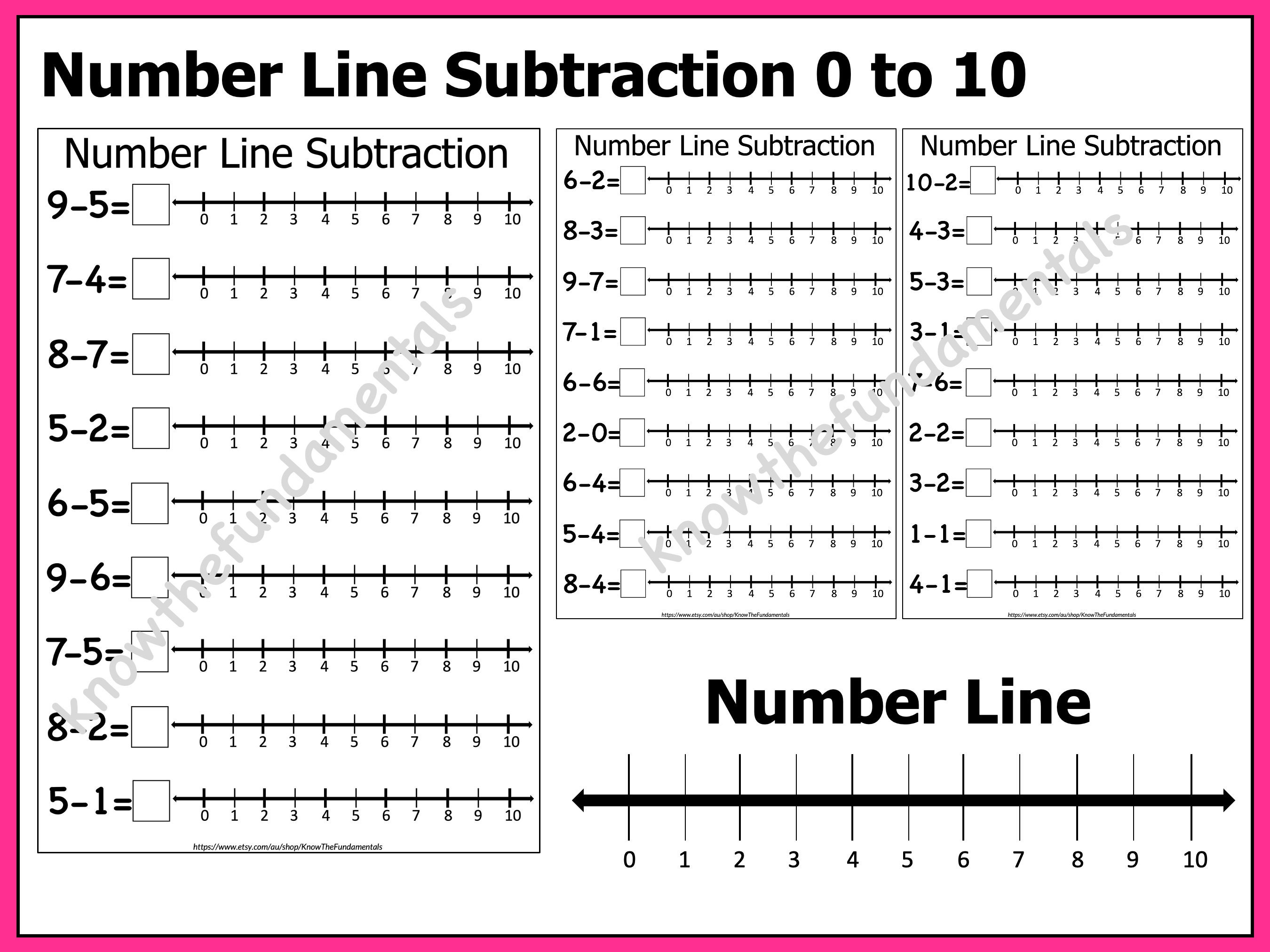 Number Line Subtraction, Numbers 1-10, Kindergarten Math Worksheet ...