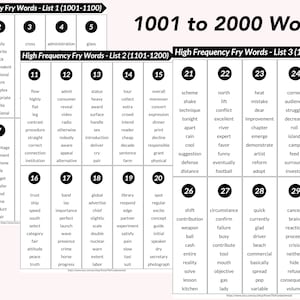 1001 to 2000 Fry's High Frequency Sight Words Printable Worksheet ...