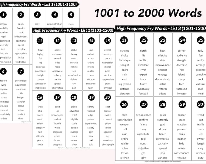 1001 to 2000 Fry's High Frequency Sight Words Printable Worksheet ...