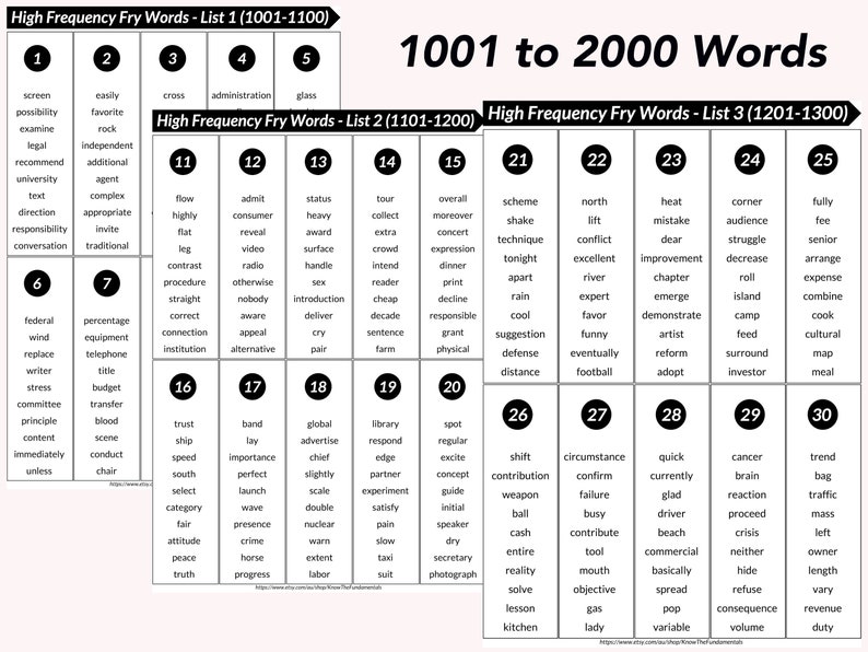 1001 to 2000 Fry's High Frequency Sight Words Printable Worksheet ...