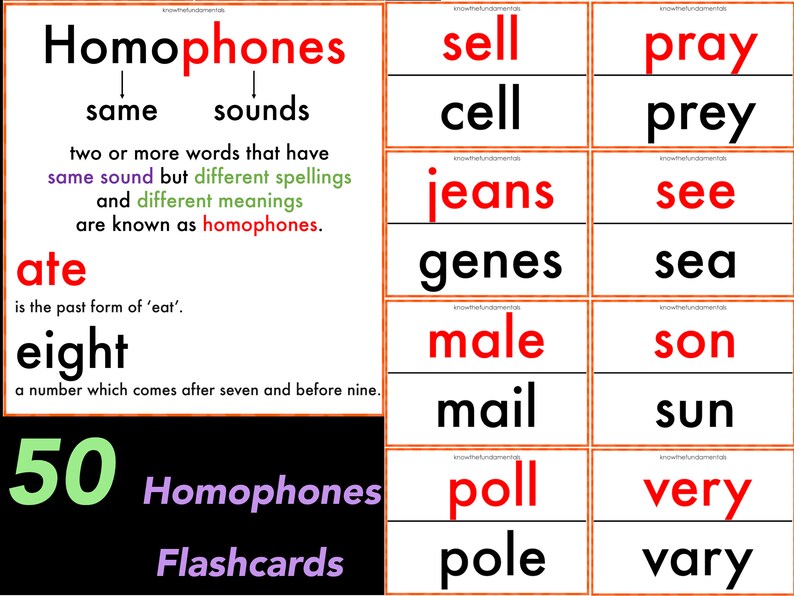 50 Homophones Flashcards | Homophones Printable Worksheet | NAPLAN ...