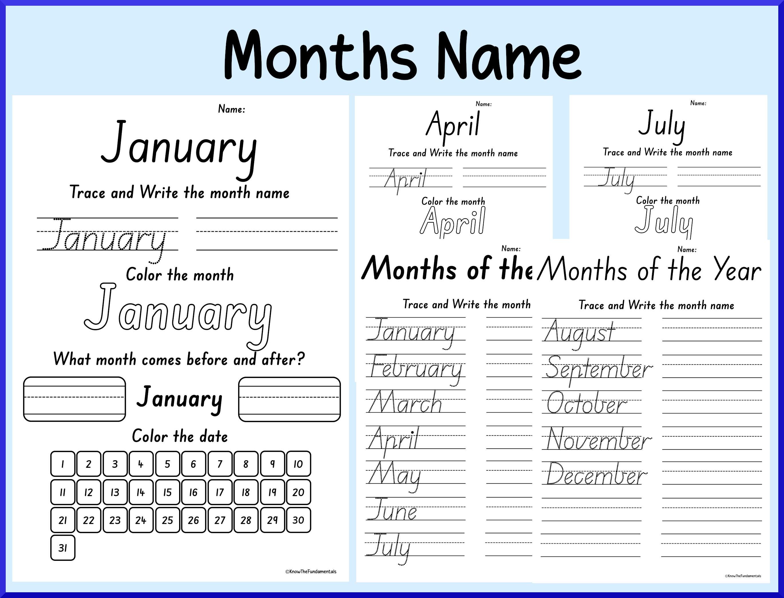 Months of the Year Name Tracing Worksheets Activity Printable Preschool ...
