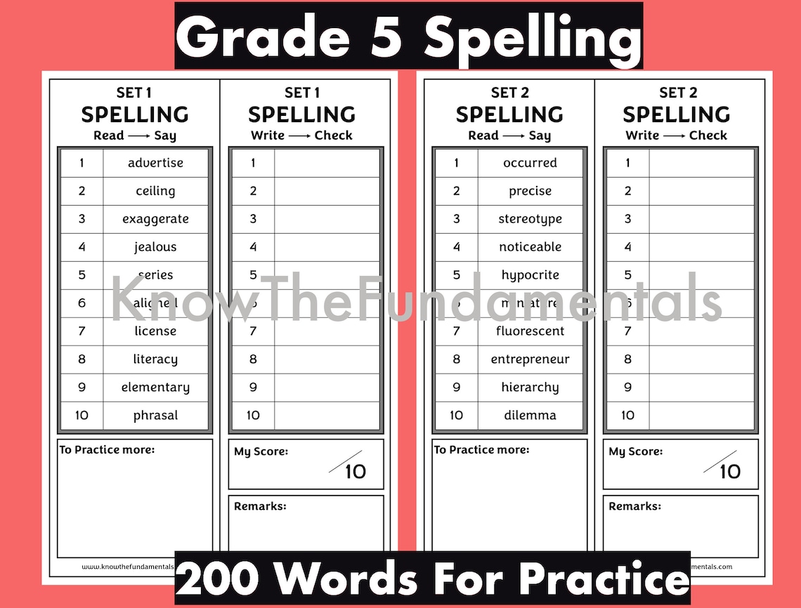 Grade 5 Spelling Words Practice 5th Grade Frequently Misspelled Words ...