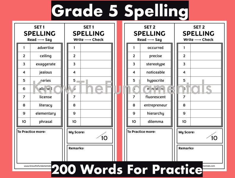 Grade 5 Spelling Words Practice 5th Grade Frequently Misspelled Words ...