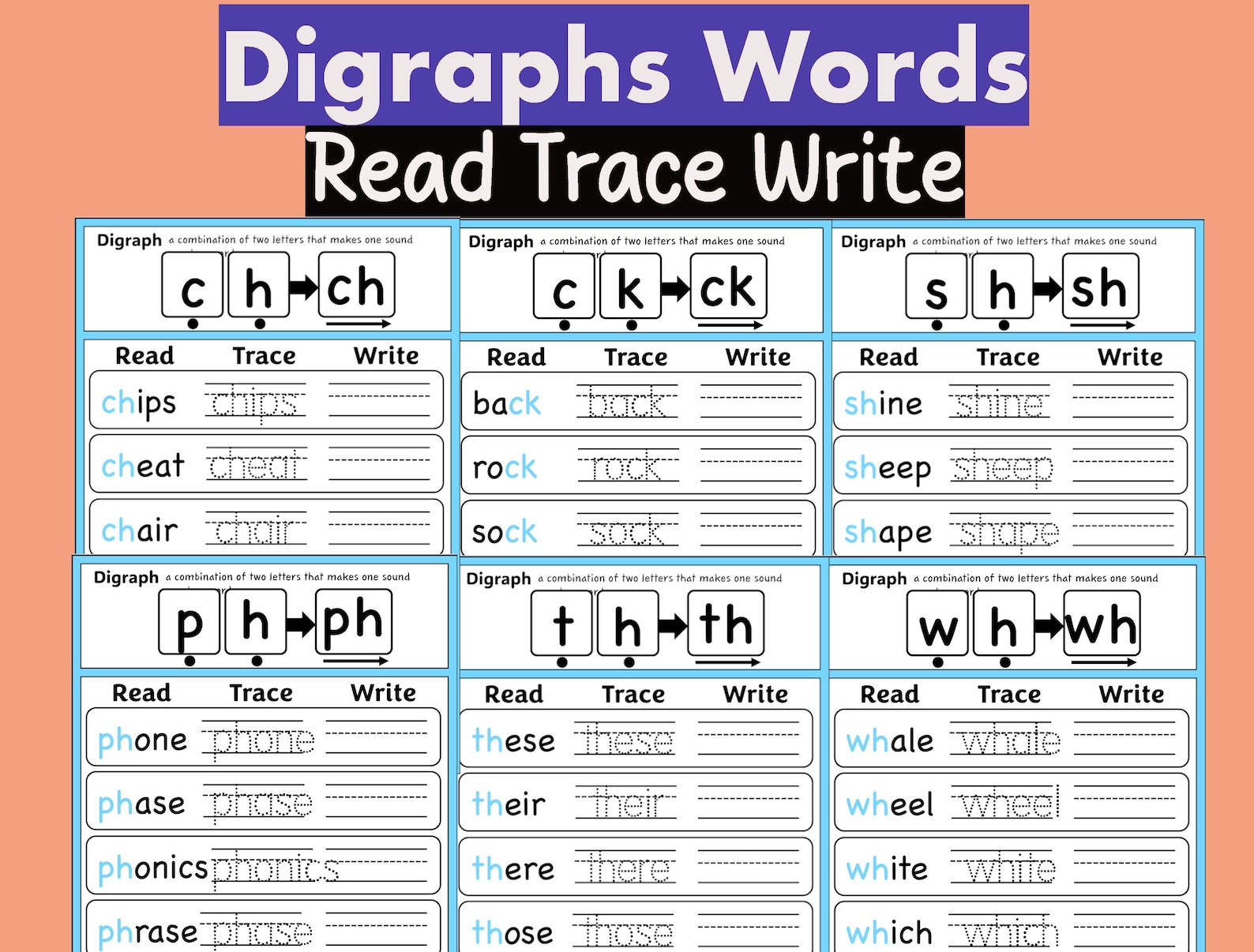Blends and Digraphs Phonics Practice Worksheets Trace Classroom ...