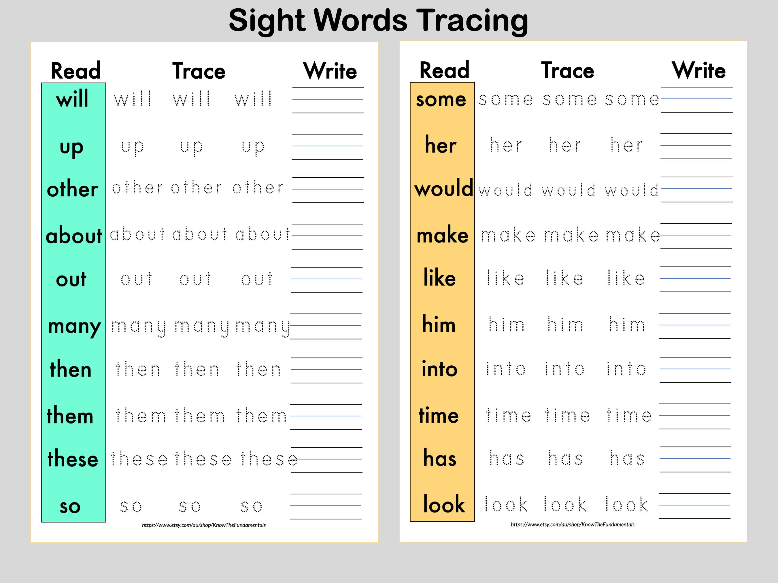 Sight Words Tracing Worksheets High Frequency Words Printable Poster ...
