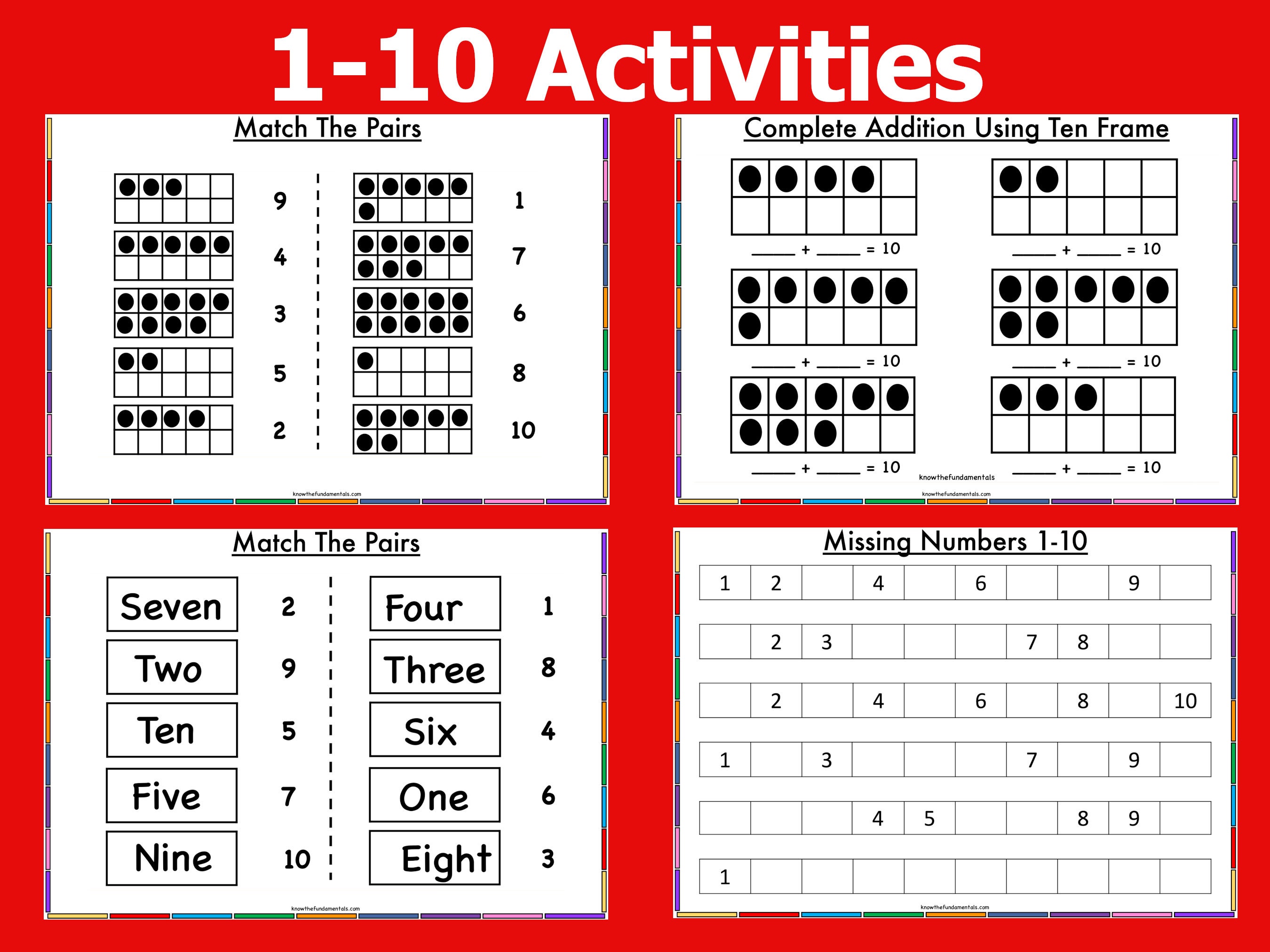 Number 1-10 Flashcards | Tens Frame | Pre-k Kindergarten Addition ...