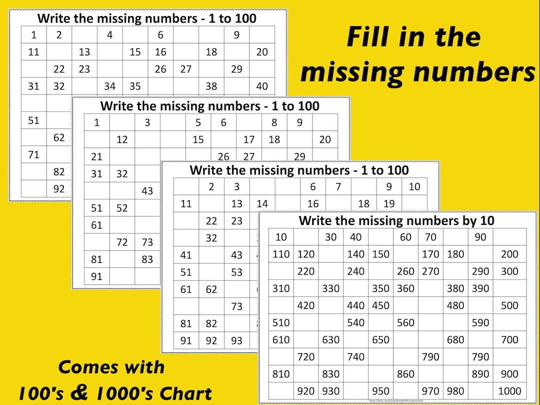 Fill in the Missing Numbers | Missing Numbers 1 to 100 | 1000's Chart ...