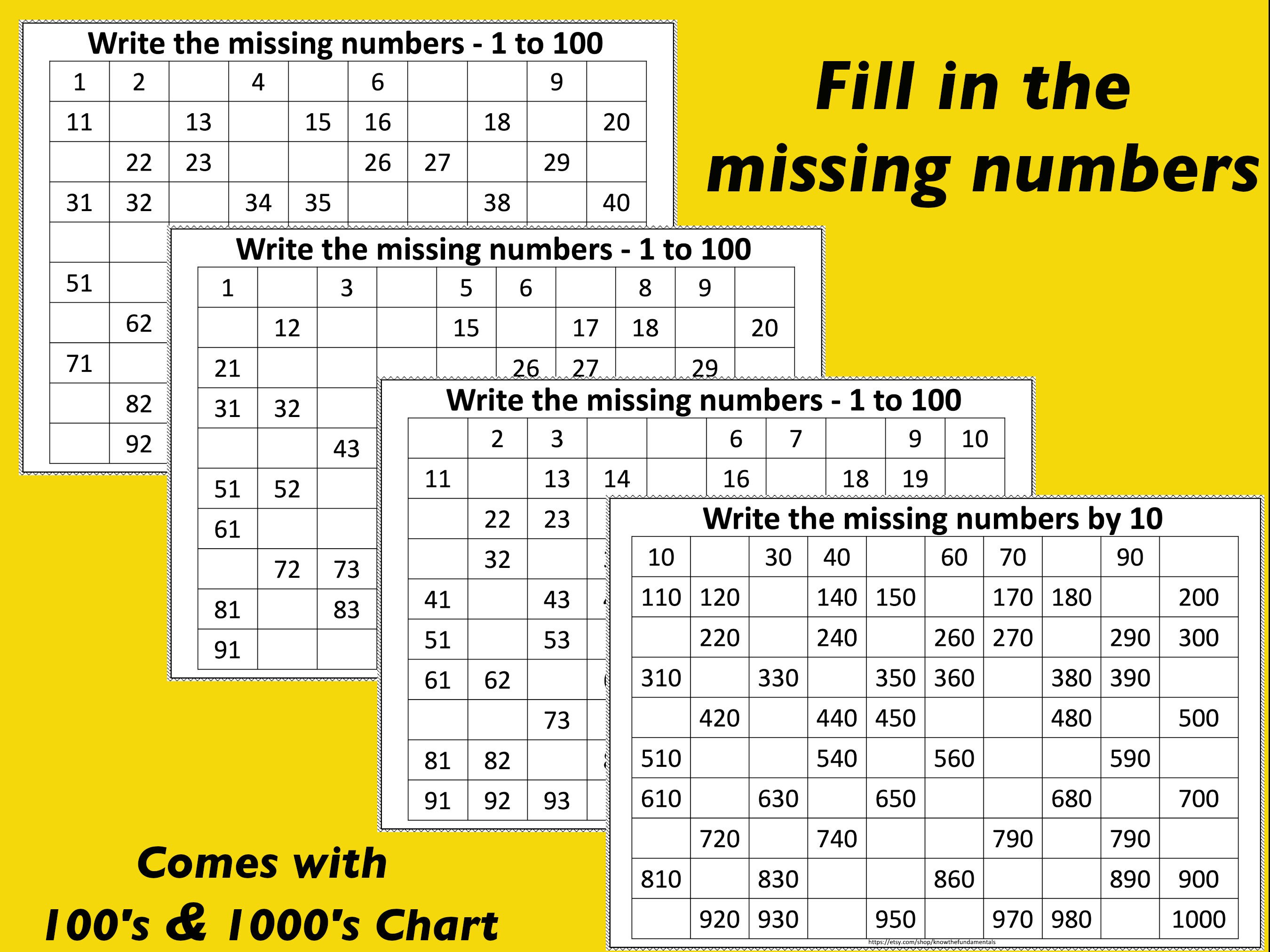 Fill in the Missing Numbers | Missing Numbers 1 to 100 | 1000's Chart ...