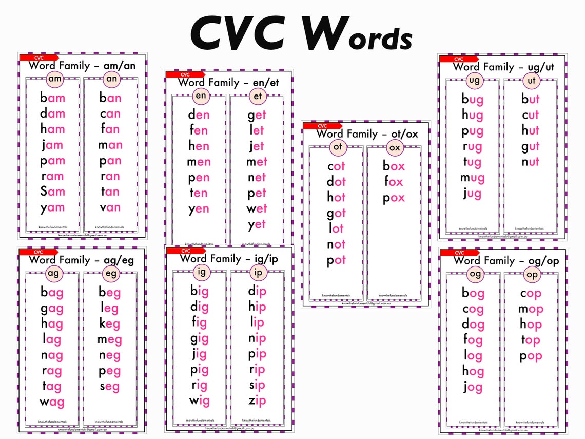 Word Families, CVC Words, Printable Worksheets, CVC Word List Chart ...