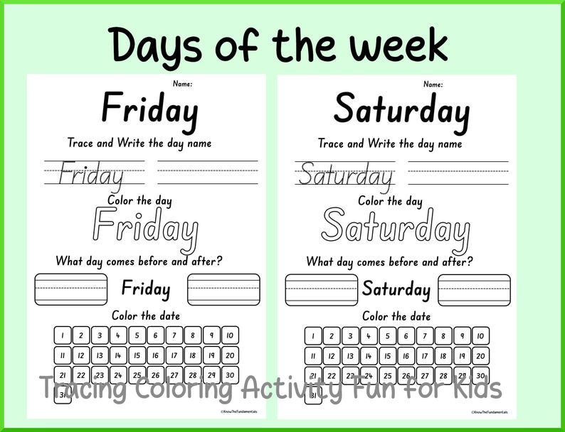 Days of the Week Name Worksheets Tracing Kindergarten Printable ...