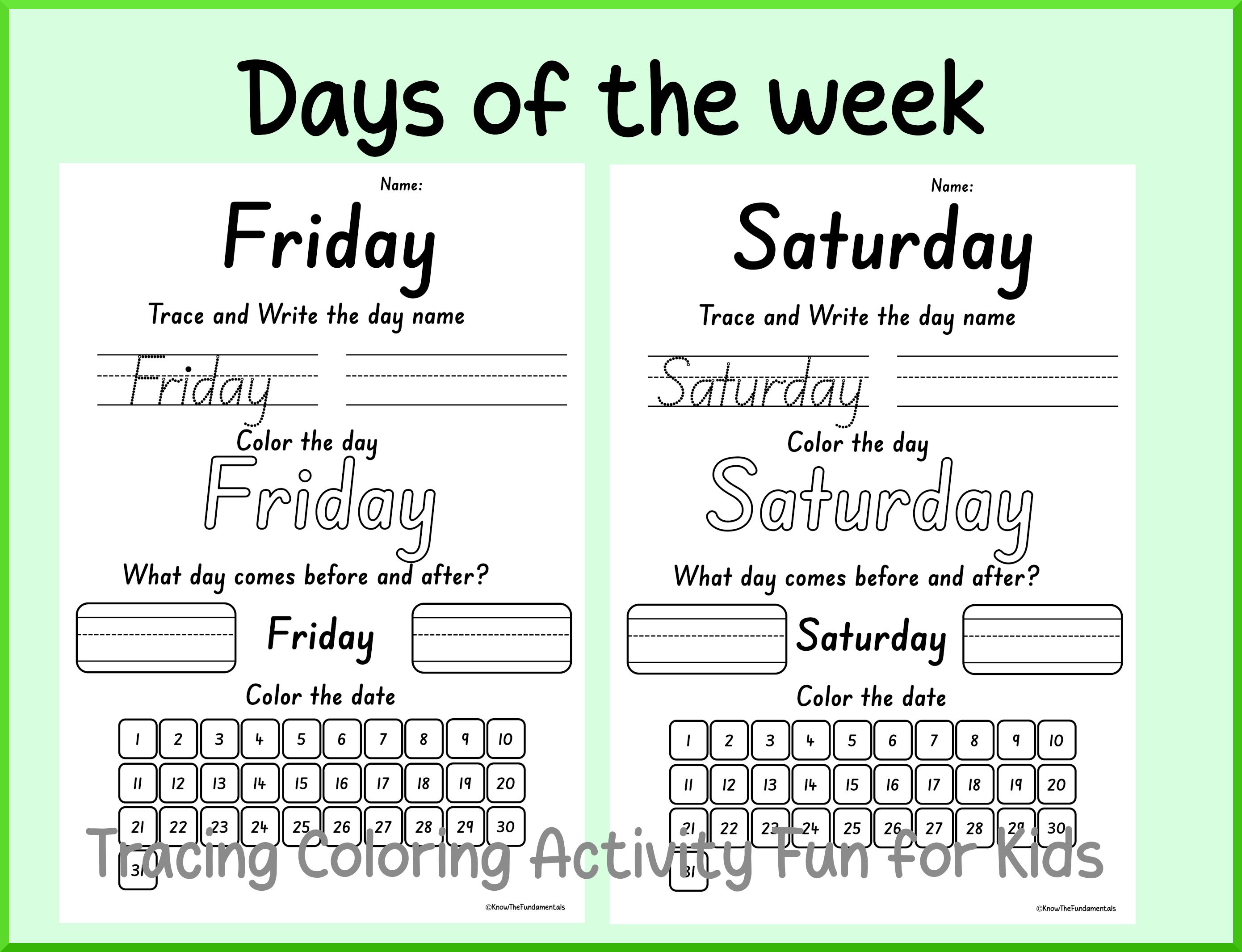 Days of the Week Name Worksheets Tracing Kindergarten Printable ...