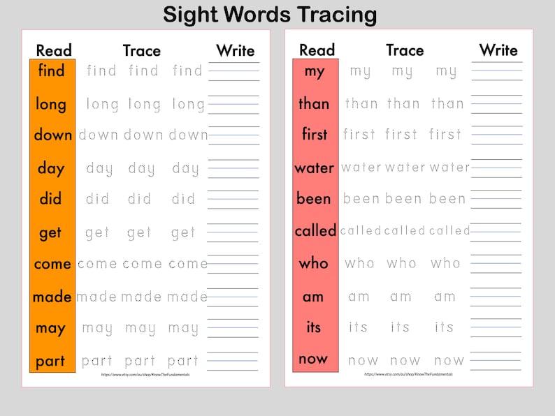 Sight Words Tracing Worksheets High Frequency Words Printable Poster ...