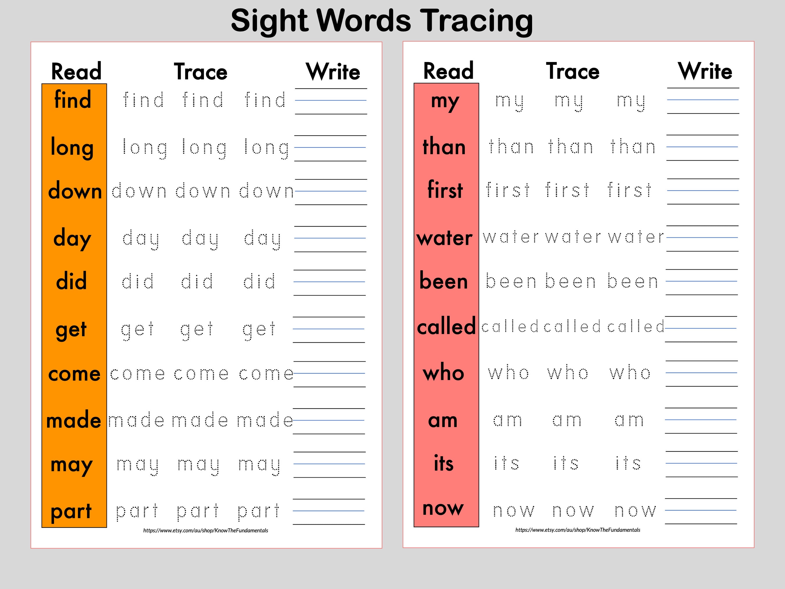 Sight Words Tracing Worksheets High Frequency Words Printable Poster ...