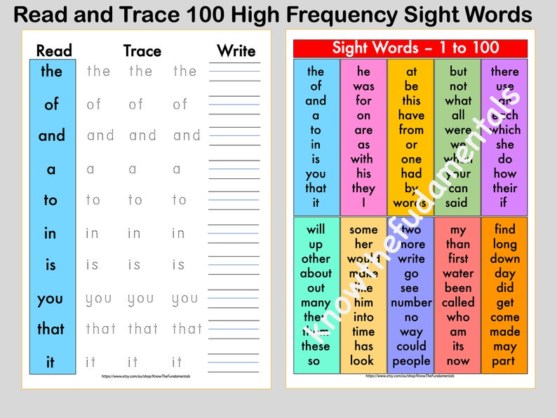 Sight Words Tracing Worksheets High Frequency Words Printable Poster ...